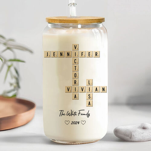 Personalized Scrabble Glass Cup with Lid And Straw Custom Family Names ...