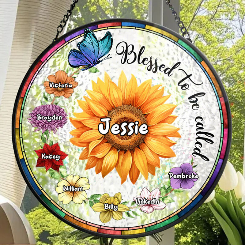 Personalized Window Hanging Suncatcher Stained Glass Deco Birth Flowers ...